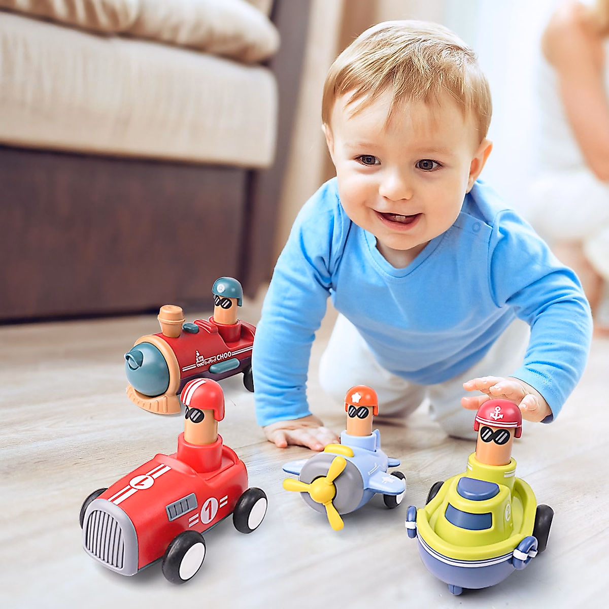 LiKee Toy Cars for Toddlers 1 2 3 4 Years Old Boy Girl, 4 Pcs Pull Back Cars for 18+ Months Baby Infant Gift, Kids Trucks Push and Go Back Friction Powered Vehicles (Transport)