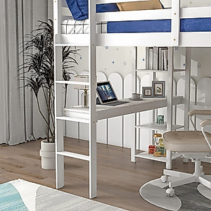 HZHOME Full Loft Bed with Desk and Shelves,White