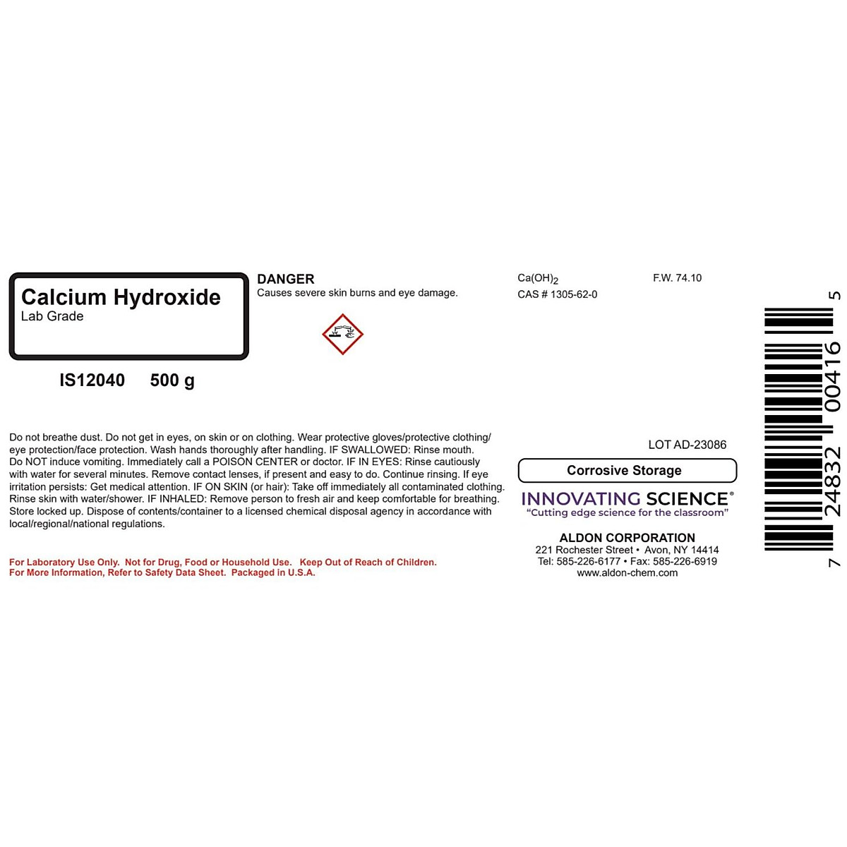 ALDON Innovating Science Laboratory-Grade Calcium Hydroxide, 500g - The Curated Chemical Collection