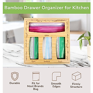 EVERLIVING Bamboo Ziplock Bag Organizer for Drawer & Countertop – Convenient 6-Slot Plastic Bag Organizer – Aluminum Foil Organization and Storage with Cutter – Ziplock Bag Storage Organizer
