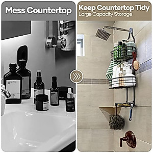 Shower Caddy Over Shower Head, 3 Tier Shower Hanging Organizer Shelf Rustproof, shower racks for inside shower, Shampoo Holder Bathroom Shelf With Soap Holder, Hooks and Bamboo Board, For Bath, Black