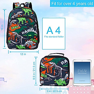 WZLVO 3PCS Kids Backpacks for Boys, 16" Dinosaur Preschool School Bookbag and Lunch Box for Elementary Toddler