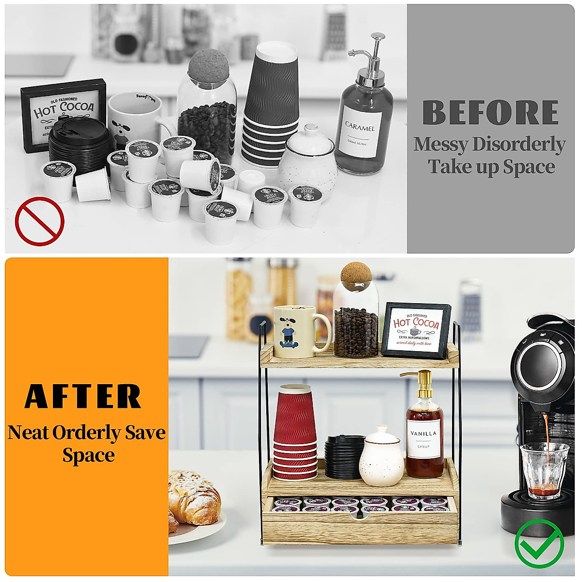 Coffee Bar Accessories and Organizer Countertop, Coffee Station Organizer with Drawer Wood Kitchen Countertop Organizer, Condiment and Snack Organizer for Kitchen, office, bathroom