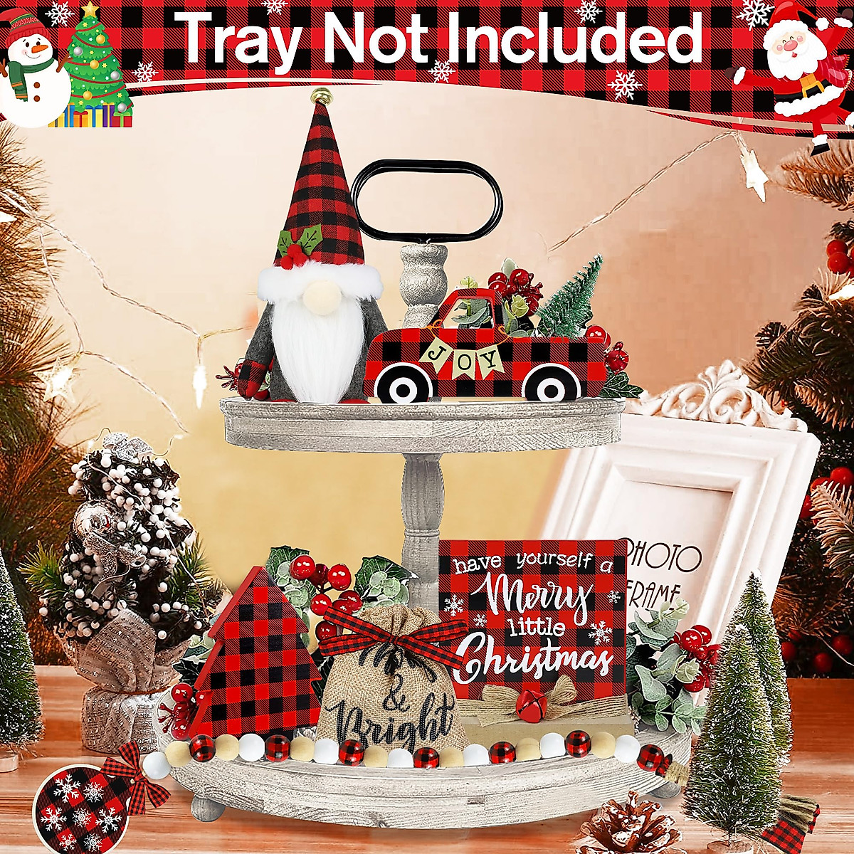 Christmas Tiered Tray Decor Set - Christmas Decorations Indoor, Rustic Farmhouse Wood Bead Garland Buffalo Plaid Gnome Christmas Wooden Sign for Home Kitchen Table Mantel Party Decor