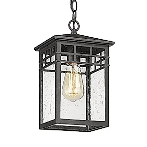 Diyel Outdoor Pendant Light Lanterns for Front Porch, Black Exterior Hanging Light Fixtures with Seeded Glass Shade for Patio, Entryway, Garage, Gazebo, RZ009-H BK