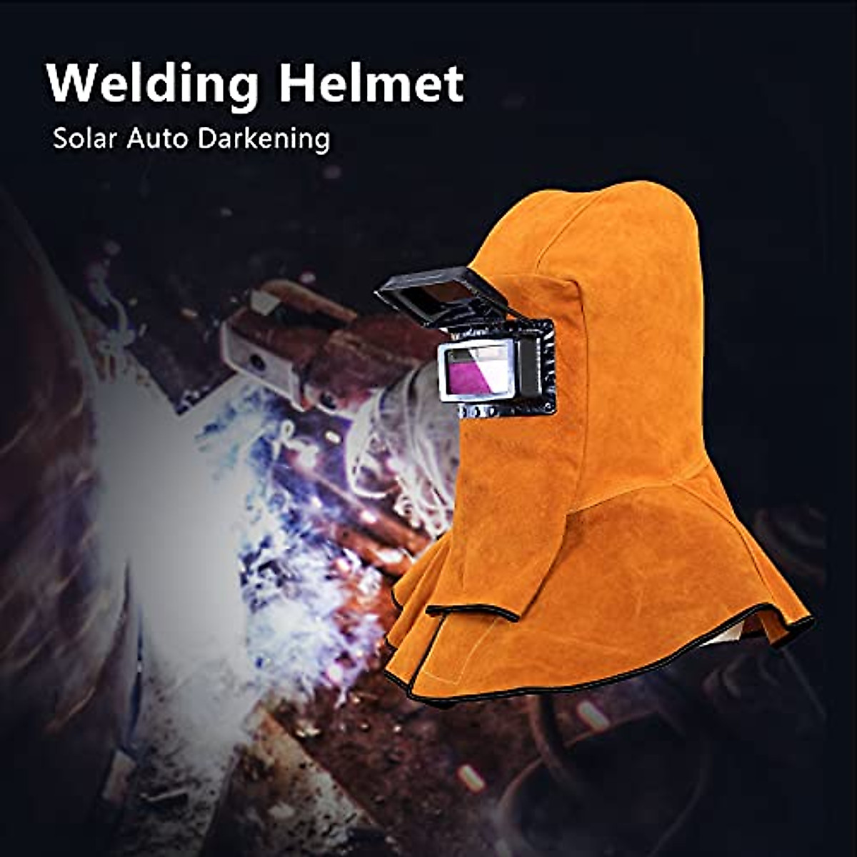 Leather Welding Mask, Leather Welder Hood Leather Mask Welder Helmet with Auto Darkening Filter Lens, Work Cap Welding Helmet, Yellow (Full Face+Neck Shoulder Coverage)