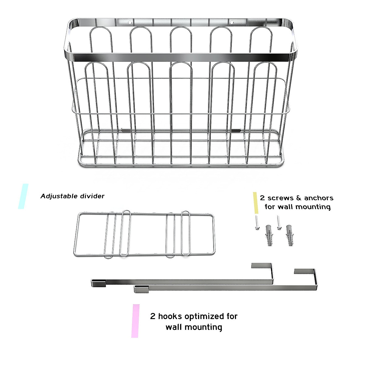 ULFR Over The Cabinet Door Kitchen Storage Organizer Basket, Space Saving Drawer Grid Holder for Cleaning Supplies, Bottles, Board, Chrome Finish with an Easy to Install Divider