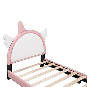 Bellemave Twin Size Princess Bed Frame with Unicorn Shape Headboard,PU Upholstered Princess Twin Bed for Girls,Kids Twin Platform Bed(Twin,Pink)