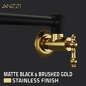 Anzzi Wall Mount Pot Filler Faucet, Double Joint Swing Arms, Single Hole, Solid Brass Interior, Stainless Steel Finish, Matte Black & Brushed Gold, 2 Handle (KF-AZ259MBBG)