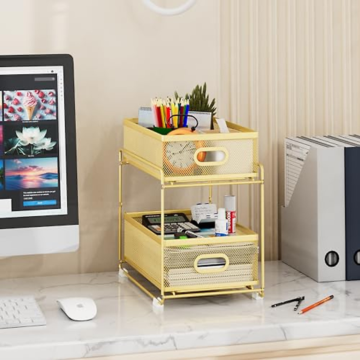 wkokos Under Sink Organizer Baskets with Mesh Pull Out Sliding Drawers for Cabinet, Kitchen, Bathroom, 2 Tier, Gold