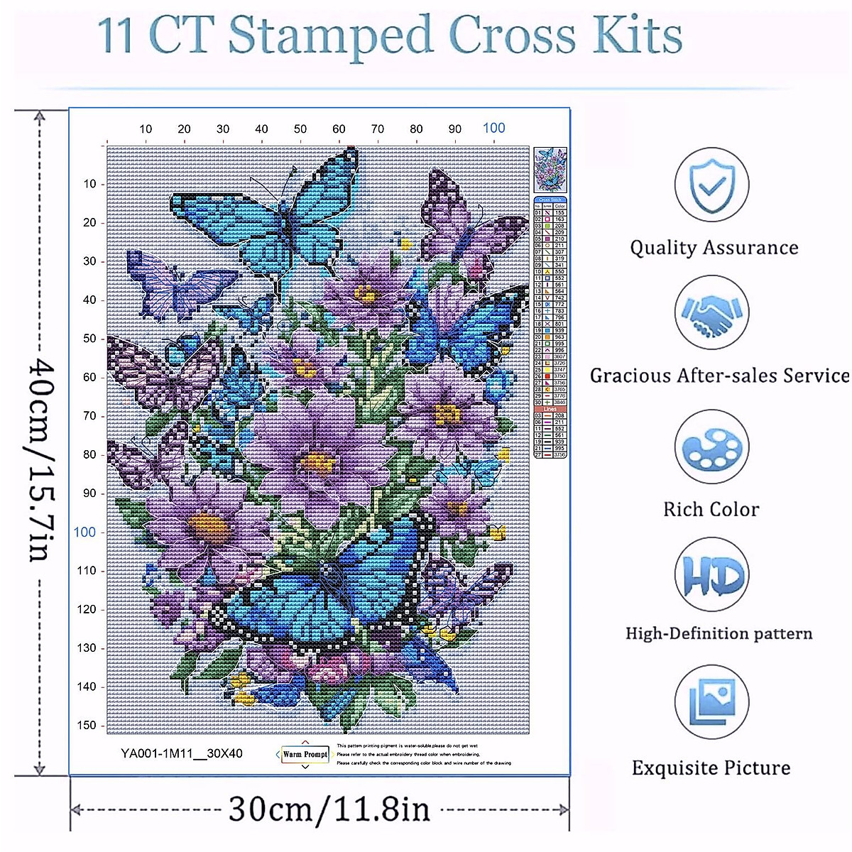 Baipisan Cross Stitch Kits for Adults - Butterfly Stamped Crossstitching Kits Preprinted 11 Count Cross-Stitch Kit for Beginner, 11CT Prestamped Easy Pattern Needlepoint Kits Crafts for Decor