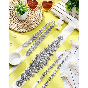 Jecery 3 Pieces Rhinestone Bridal Wedding Sash Belts Handmade Crystal Bridesmaid Sash for Formal Evening Dress Belts (White)
