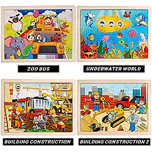 4 Packs 24 PCs Jigsaw Puzzles for Kids Preschool Educational Brain Teaser Boards Toys Animal Zoo Bus Marine World Construction Sites Children Enlightenment 3 Years Old and Up