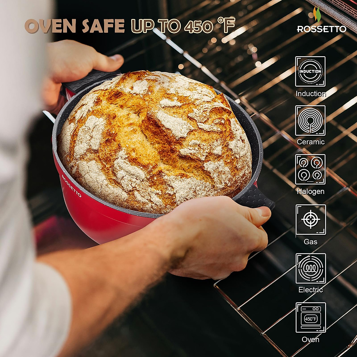 ROSSETTO 6QT Dutch Oven Pot with Lid, Ceramic Dutch Oven with Silicone Assist Handle Holder, Dishwasher Safe, Oven Safe, Non-Stick & Non-Toxic Bread Dutch Oven for Baking, Brasing, Soups, Red