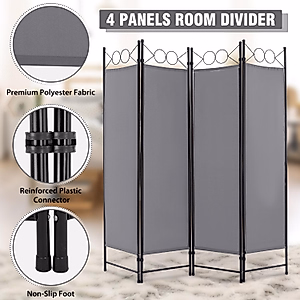 4 Panel Room Divider 6FT Steel Frame Screen Folding Privacy Divider Freestanding Partition for Home Office Bedroom,Grey