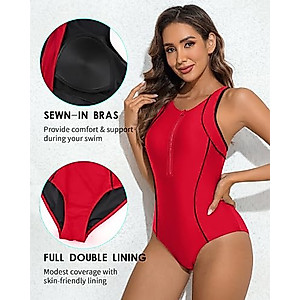 beautyin Zipper Athletic Bathing Suit for Women Racerback Lap Swimsuit Sporty Swimwear Red