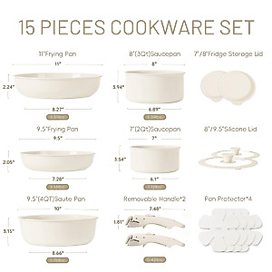 CAROTE 15pcs Ceramic Cookware Set, Pots and Pans Set Non Stick, Induction Kitchen Cookware Sets, Non Stick RV Cookware Set with Detachable Handle, Dishwasher/Oven Safe Cookware Set, Cream White