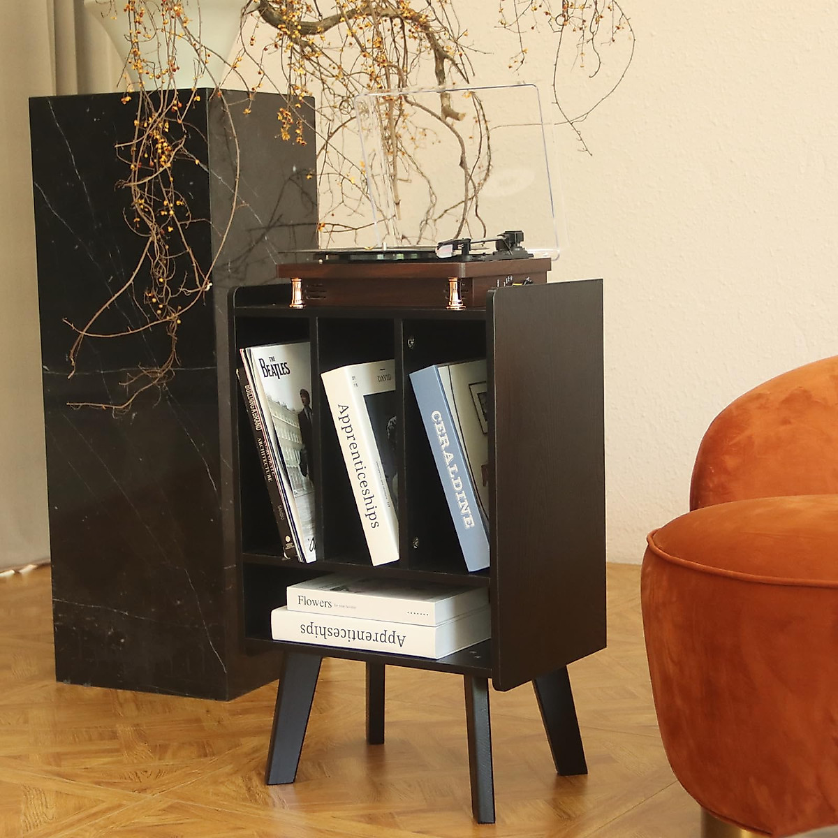 AWASEN Record Player Stand with Vinyl Storage, Turntable Stand with Record Storage, Vinyl Record Table Holds Up to 100 Albums, 3 Tier End Table for Living Room Bedroom Office Small Spaces (Black)