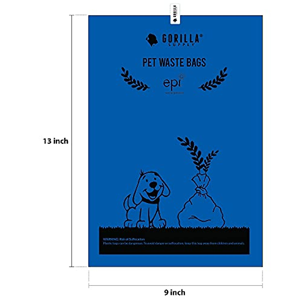 GORILLA SUPPLY Dog Poop Waste Bags with Dispenser and Leash Tie, 9" x 13", Blue, 1000 Count