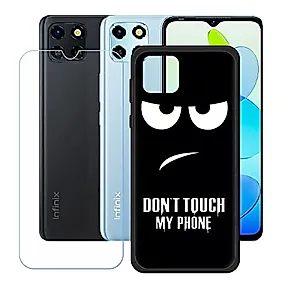 FZYM Case for Infinix Smart 6 HD + Tempered Glass Screen Protector Protective Film,Soft Gel Black Case Shell TPU Silicone Protection Phone Cover for Infinix Smart 6 HD (6.6") - OP11