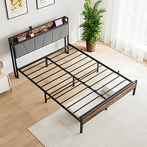 BOFENG Queen Size Bed Frame with Storage Headboard/Charging Station,Heavy Duty Metal Upholstered Platform Bed Frames Queen Size with Storage No Box Spring Needed,Strong Metal Slats,Noise Free,Brown
