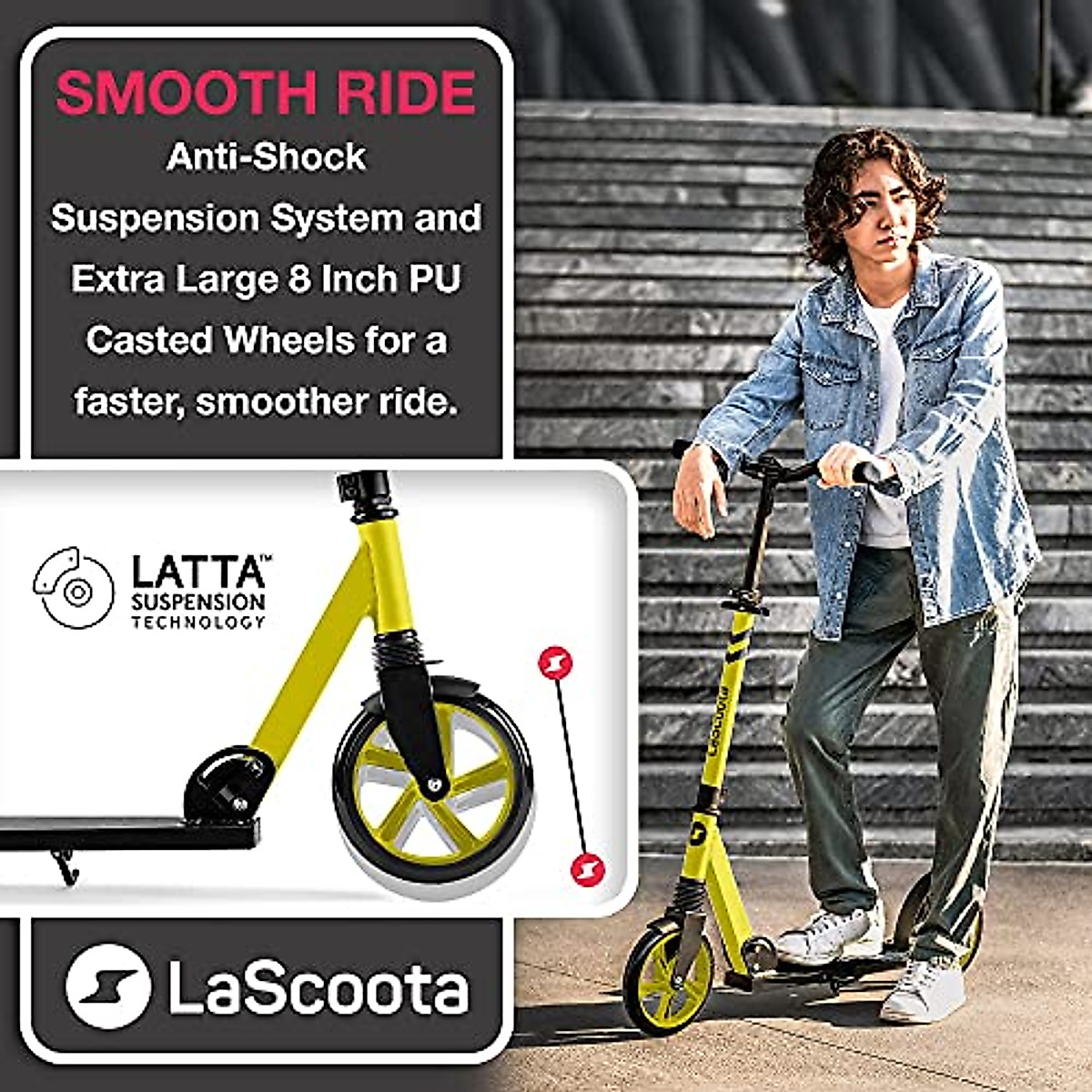 LaScoota Kick Scooter for Adults & Teens. Perfect for Youth 12 Years and Up and Men & Women. Lightweight Foldable Adult Scooter with Large 8” Wheels 220lbs (Regular (Teen), Yellow)