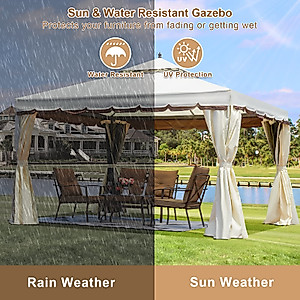 Erommy 10' x 12' Outdoor Canopy Gazebo, Double Roof Patio Gazebo Steel Frame with Netting and Shade Curtains for Garden, Patio, Party Canopy, Cream
