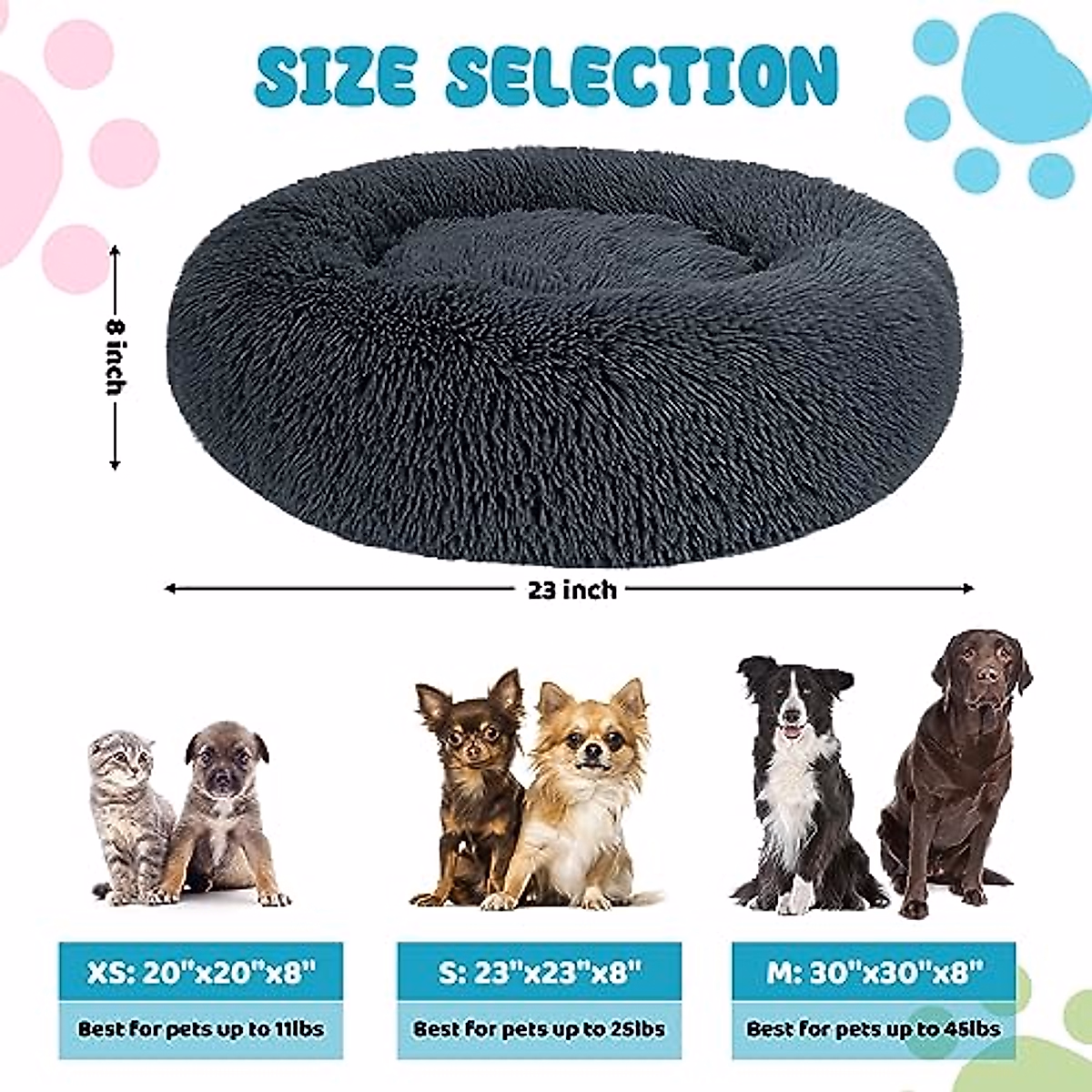 Coospdd Small Dog Bed, Anti-Anxiety Calming Dog Bed, Warming Cozy Soft Donut Dog Bed, Fluffy Faux Fur Plush Dog Bed for Small Dogs and Cats, Machine Washable.(Gray,20"/23"/30")