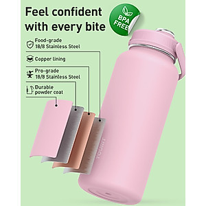 TOURIT 32 oz Insulated Water Bottle, Stainless Steel Sports Water Bottles With Top Handle, Double-Wall Travel Thermal Water Flask, BPA Free Leakproof Thermos Bottle for Sports and Travel,Pink