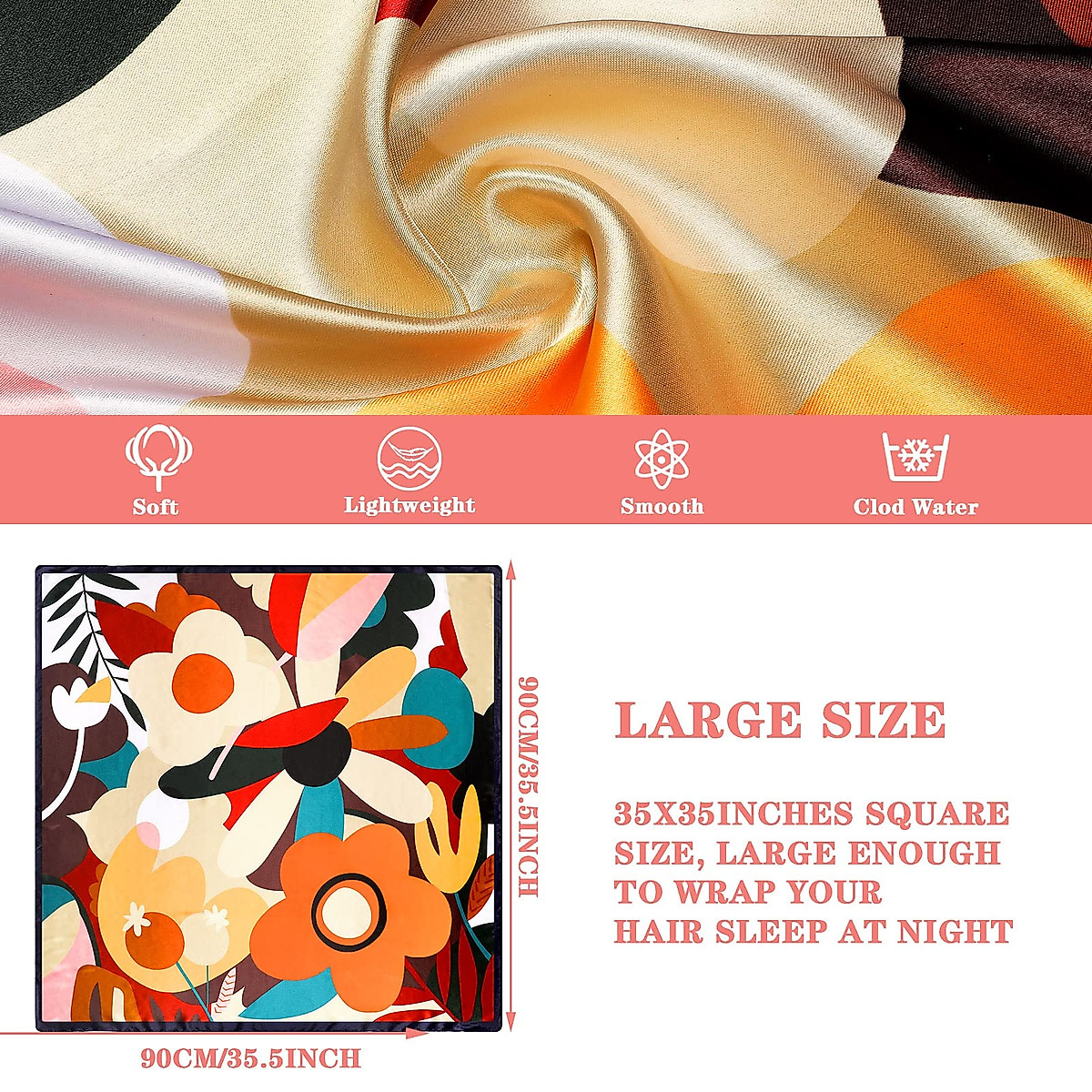 Newcotte 4 Pcs 35'' Large Square Satin Hair Scarf Silk Like Head Scarf Floral Satin Head Wrap Flower Hair Bandana Neck Scarf (Classic)