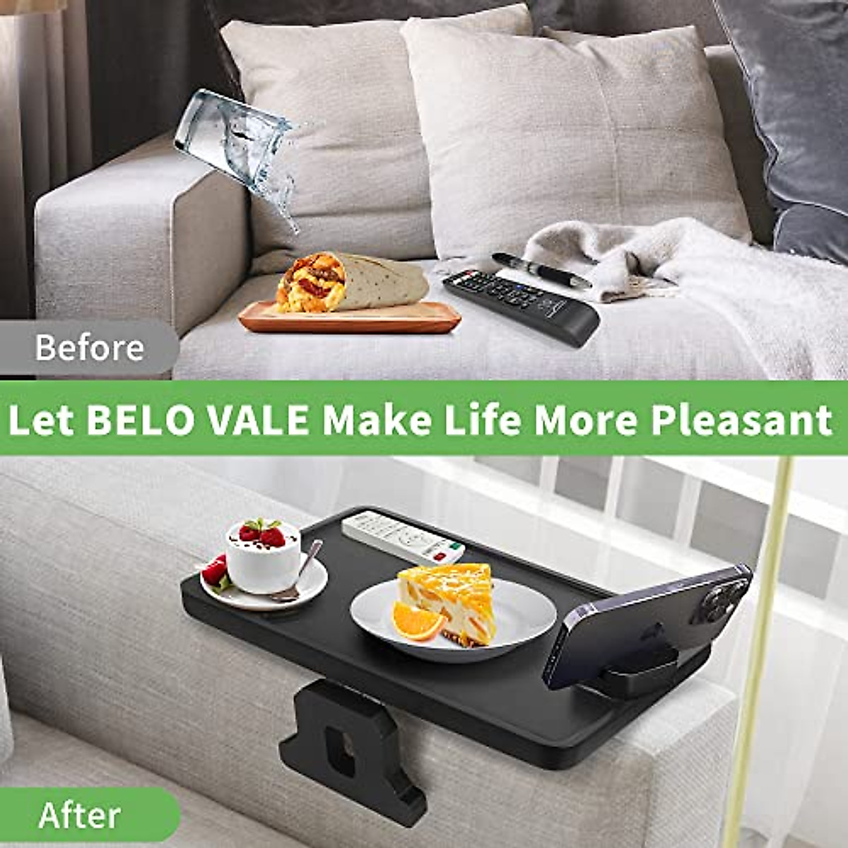 Large Size Couch Arm Tray - 15x9.8" Strong Wood Foldable Sofa Side Clip Tray with 360° Rotating Phone Holder, Armrest Tray for Eat, Drink, Cup, Snack, Remote Control, No Installation Required