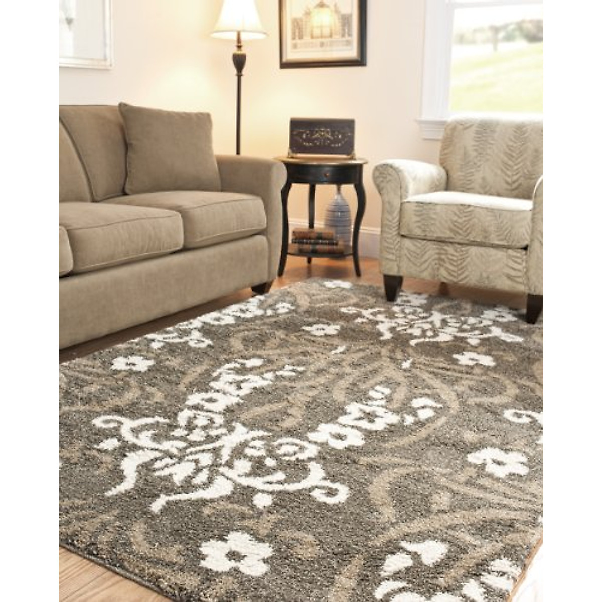 SAFAVIEH Florida Shag Collection Area Rug - 5'3" x 7'6", Smoke & Beige, Floral Design, Non-Shedding & Easy Care, 1.2-inch Thick Ideal for High Traffic Areas in Living Room, Bedroom (SG457-7913)