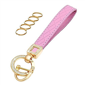 OHKYOOT Microfiber Leather Wristlet Keychain,Key Chain Holder Car Keys Keychain with 5 Key Ring and Anti-Lost D Ring (Pink Gold)