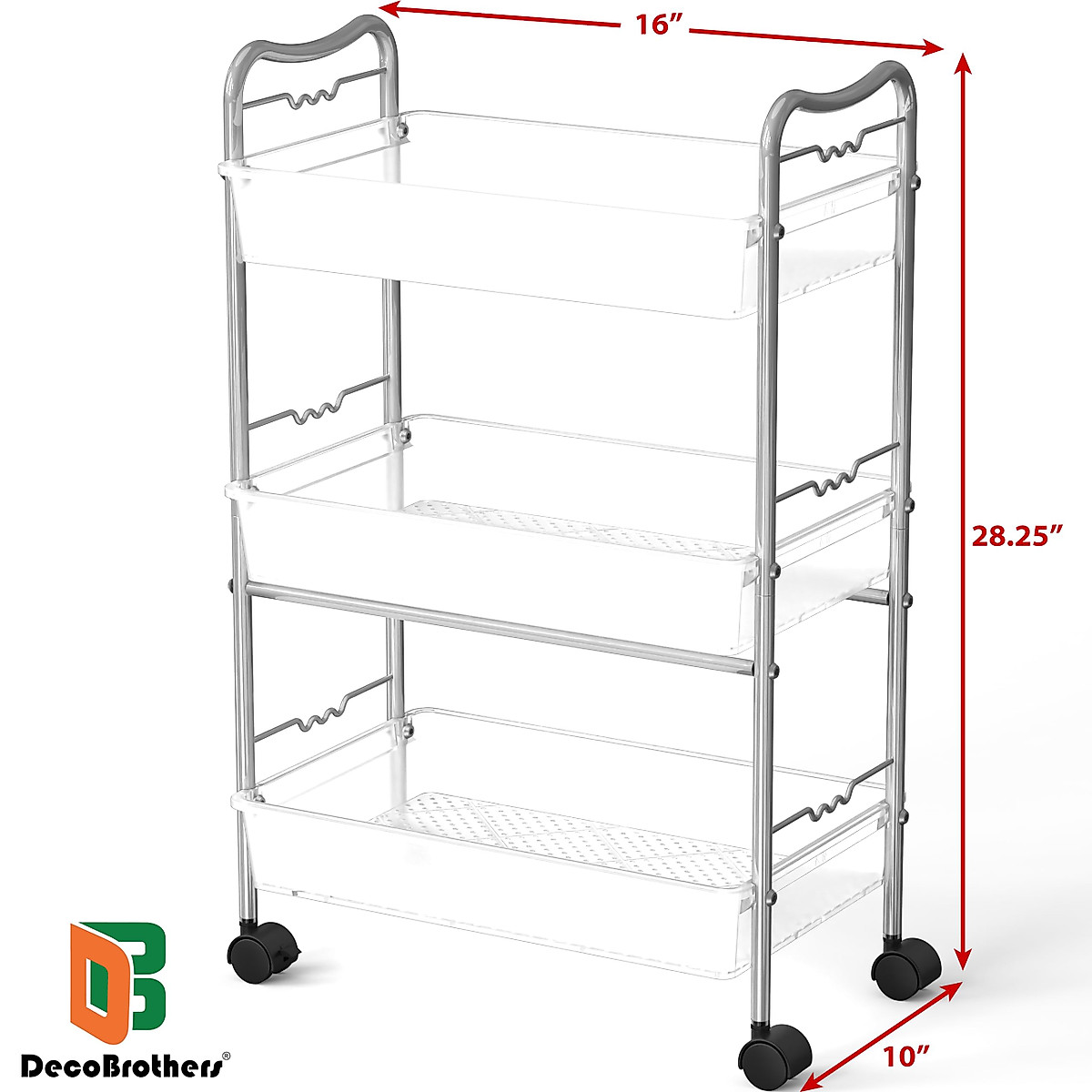 DecoBros 3-Tier Metal Utility Rolling Cart, Silver