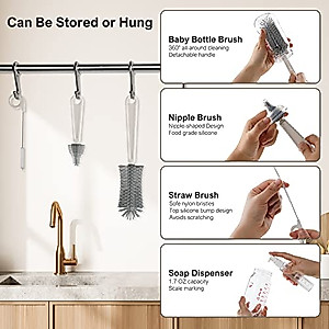 Baby Bottle Brush,6 in 1 Bottle Cleaner Brush Kit with Extendable Silicone Bottle Brush,Drying Rack,Nipple Brush,Straw Brush,Soap Dispenser & Organizer Case,Ideal Gifts for Babies& Moms-White