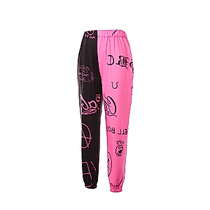 Mylleure Women Printed Baggy Sweatpants Pockets High Waisted Joggers Pants Contrast Color Sporty Workout Athletic Lounge Trousers (B Black + Pink Symbol, M)