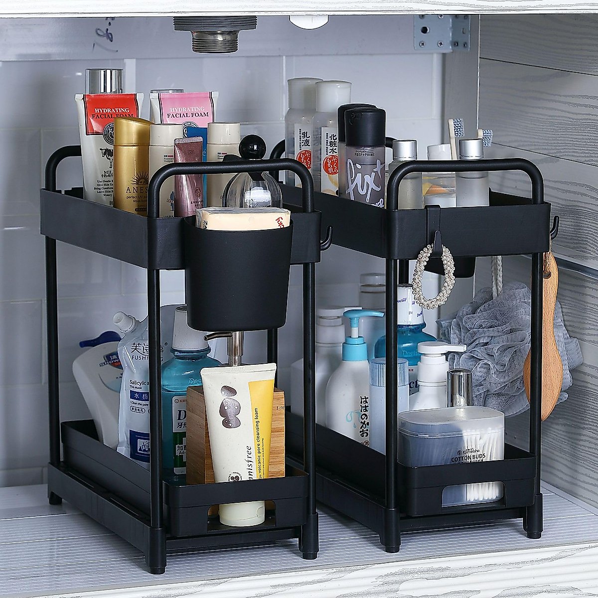 Botion 2 Pack Double-Layer Under Sink Organizer for Efficiently Utilizing Space, High Capacity and Space Saving, 2 Tier Sliding Under Sink Shelf with 4 Hooks and a Cup Slot(Black)
