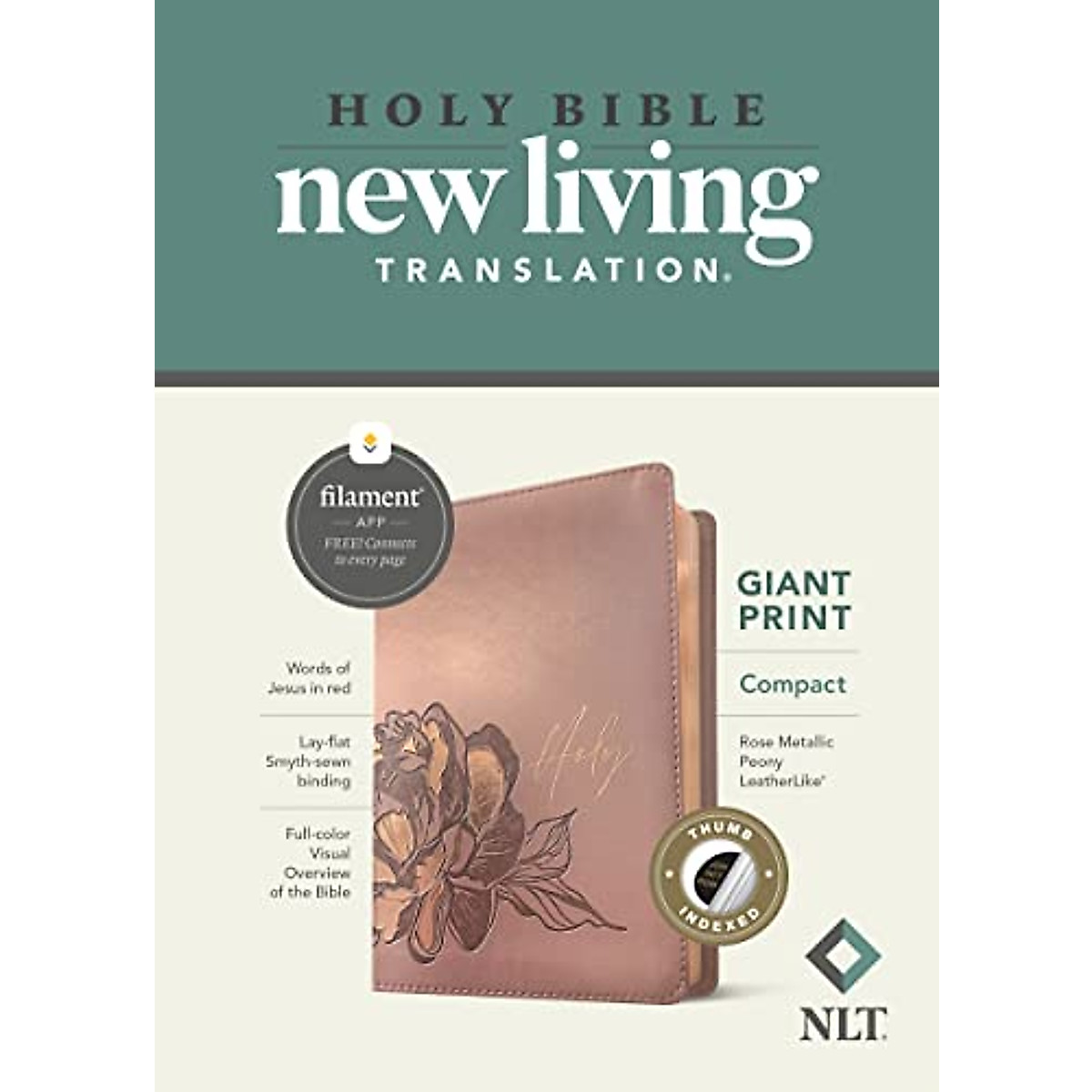 NLT Compact Giant Print Bible, Filament-Enabled Edition (LeatherLike, Rose Metallic Peony, Indexed, Red Letter)