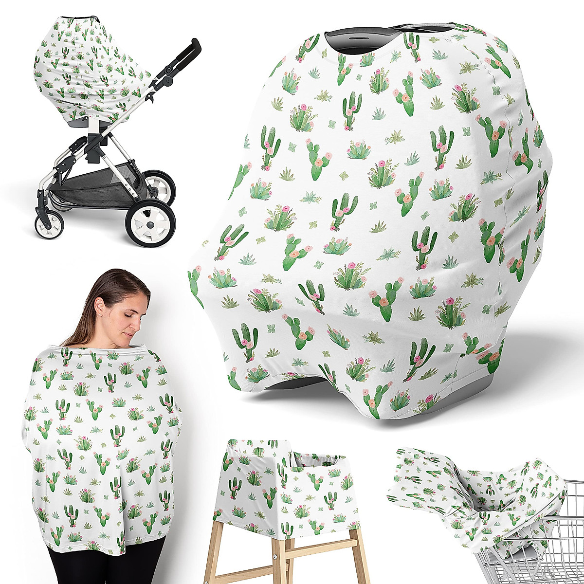 Sweet Jojo Designs Cactus Floral Girl Infant Baby Car Seat Cover Nursing Breastfeeding Shopping Cart Stroller Canopy - Pink and Green Boho Bohemian Watercolor Shabby Chic Desert