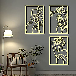 CHENGU 3 Pieces Metal Minimalist Abstract Woman Wall Art Line Drawing Wall Art Decor Single Line Female Home Hanging Wall Art Decor for Kitchen Bathroom Living Room (Gold, Simple Style)