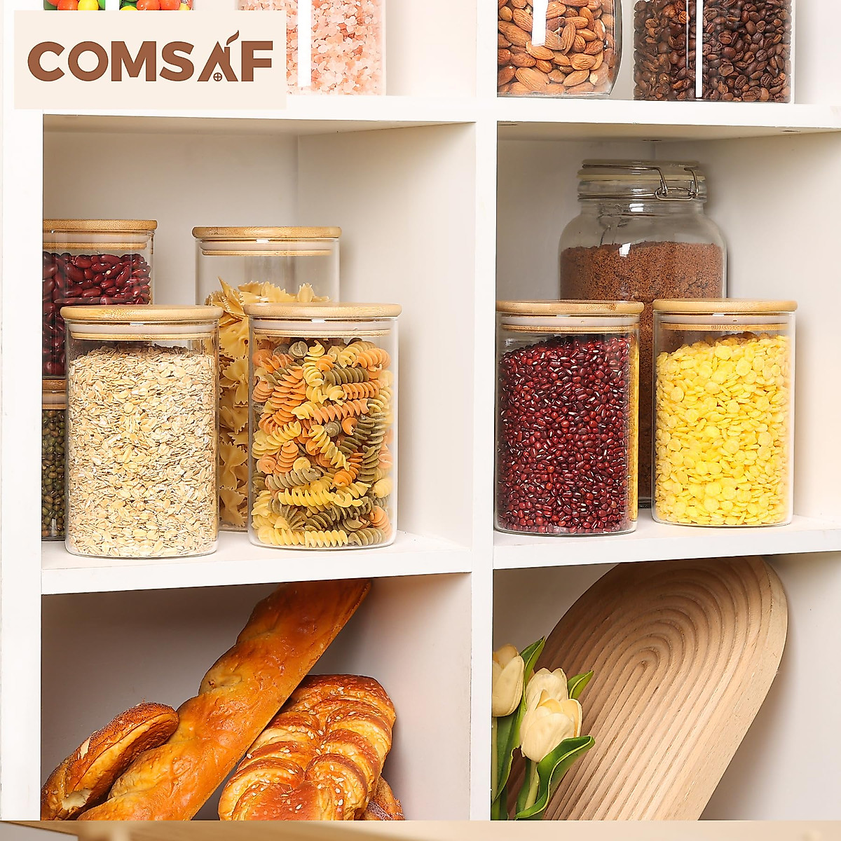 ComSaf 32oz Glass Storage Containers with Lids, Glass Jars with Lids, Clear Food Storage Jar, Round Canister Set of 6, Pantry Organizers for Cookie Pasta Flour Rice Tea Coffee Bean