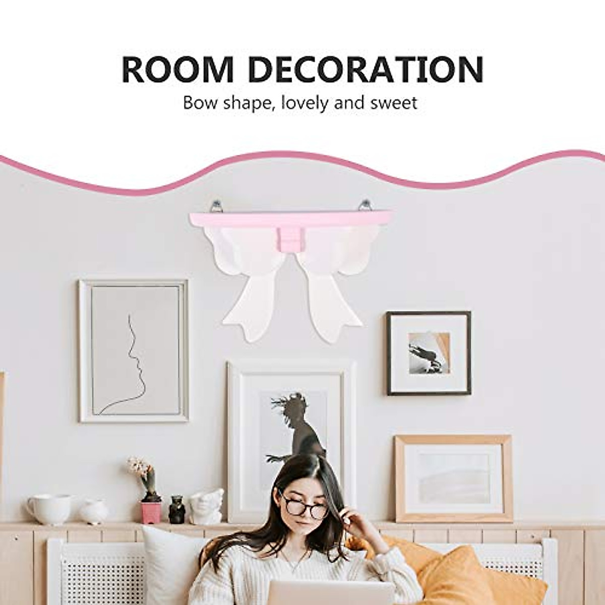 IMIKEYA Wall Mounted Floating Shelves Wooden Room Storage Shelf Bowknot Style Wall Storage Rack Bowknot Wall Decorations for Christmas Home Kitchen Supplies Pink White