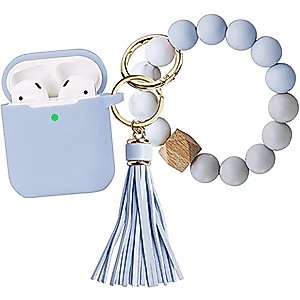Silicone Airpods Case Cover,Wonjury Protective Case with Bracelet Keychain for Women Girls,Skin for Air Pod 2 & 1 Charging Case, Denim Blue