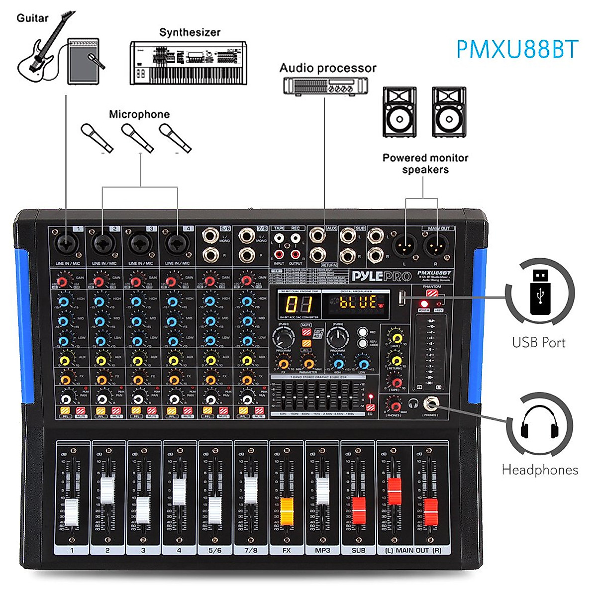 PYLE 8-Channel Bluetooth Studio Audio Mixer - DJ Sound Controller Interface w/ USB Drive for PC Recording Input, XLR Microphone Jack, 48V Power, RCA Input/Output for Professional & Beginners