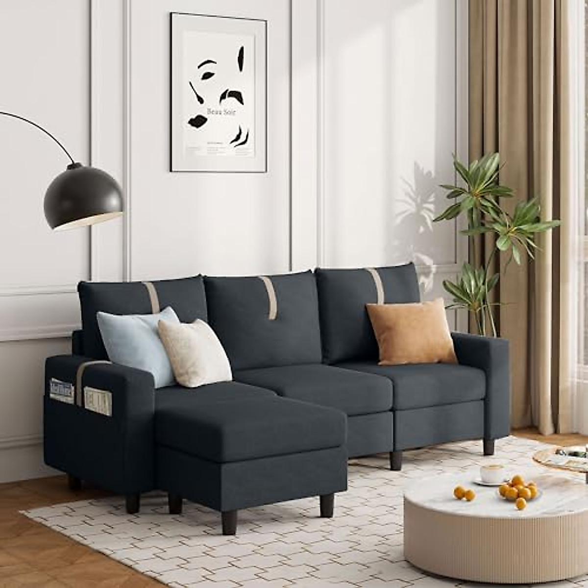 Pingliang Home 80" Sectional Sofas for Living Room, 3 Seat L Shaped Couch with Reversible Ottoman, Modern Linen Fabric Small Sectional Couch for Apartment Small Space, Dark Grey