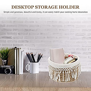 Cabilock Cotton Thread Storage Basket Boho Basket with Tassel Jute Color Farmhouse Small Laundry Basket Table Storage Braided Bin Organizer with Tassel Fringe