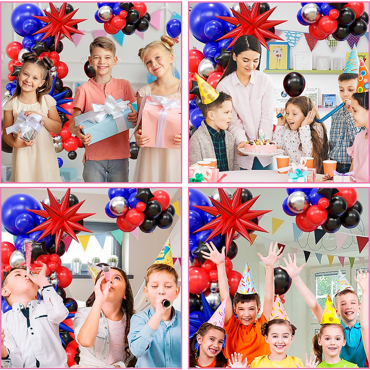 Blue Red Black Balloons Garland Arch Kit, Spider Balloons Arch Kit with Metallic Silver Balloon Star mylar balloons for Boys Kid Spider Theme Birthday Baby Shower Man Superhero Party Decortions