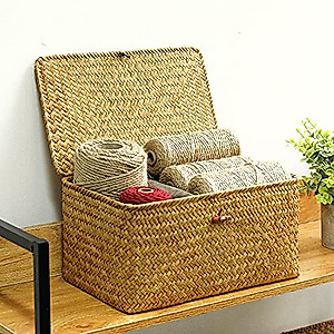 FEILANDUO Shelf Baskets with Lids Set of 3 for Home Decor Seagrass Storage Baskets Wicker Rattan Woven Rectangular Organizer Boxes ((Large) S/M/L, Original)