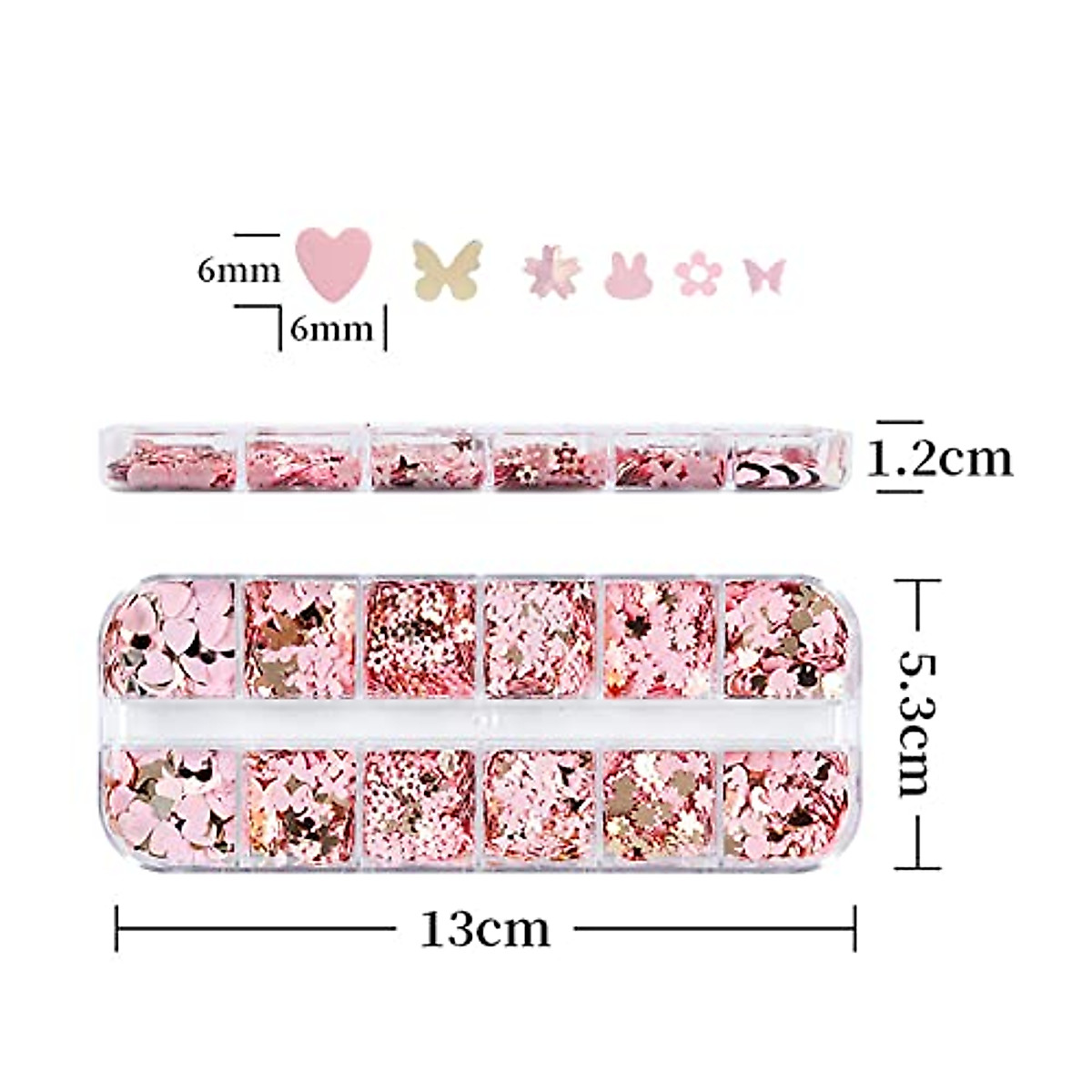 12 Grids Nail Sequins Butterfly Heart Flower Sequins Mixed Pink Nail Glitter Flakes DIY Design Manicure Decorations Sets Glitter Sequin Nail Decoration Nail Accessories for Nail Art