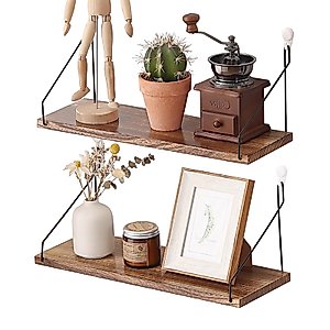 Floating Shelves for Wall No Drilling 16.53 Inch 2 Sets Rustic Natural Wooden Shelf Wall Mounted Storage 3 Mounting Option Renter Friendly Shelf for Bathroom Living Room Bookshelf Kitchen (Dark Brown)